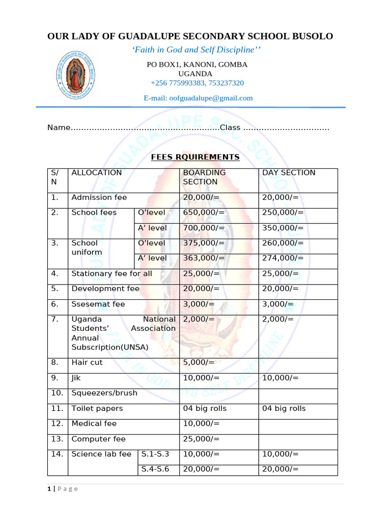 Our Lady of Guadalupe Fees Structure | PDF