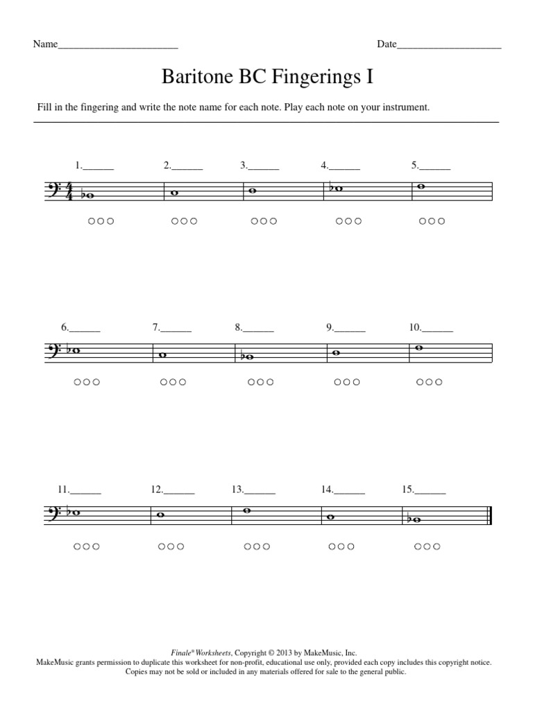 Baritone BC Fingering Worksheet 1 | PDF