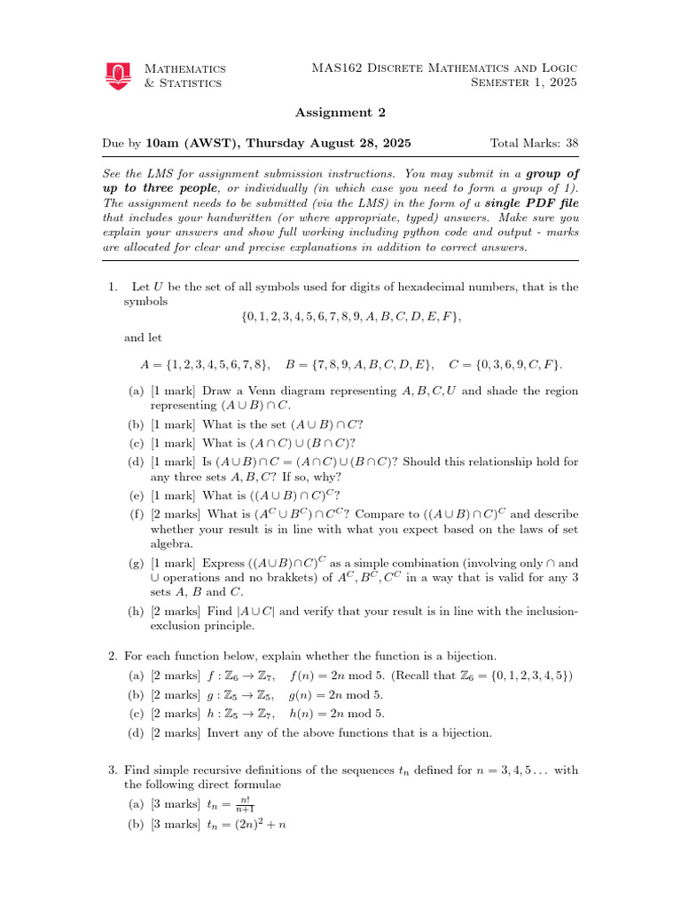 2025 s2 Assignment2 | PDF | Function (Mathematics) | Sequence