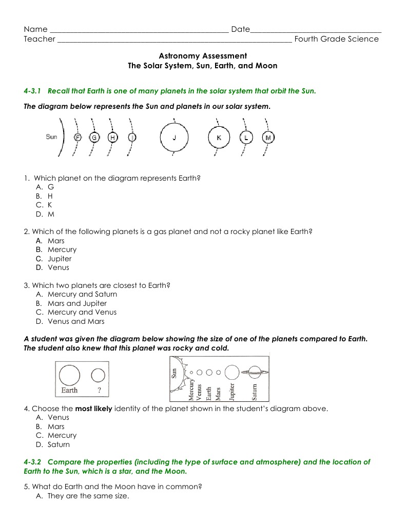 Astronomy Assessment Solar System-Sun Moon Earth | PDF | Planets | Moon