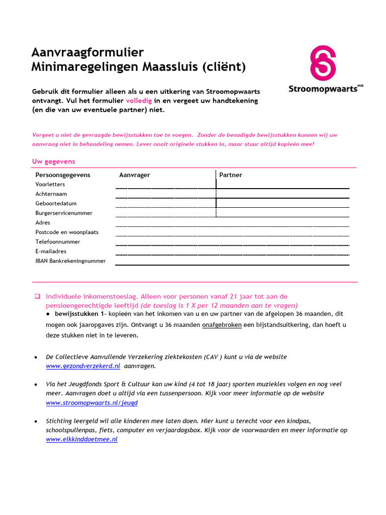 Stroomopwaarts Aanvraagformulier Minimaregeling Maassluis KLANT | PDF