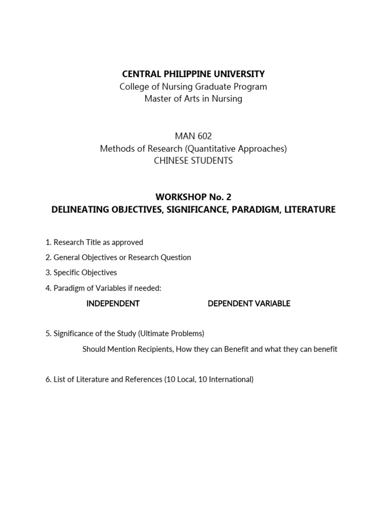 Workshop 2 - Delineating Objectives, Significance, Paradigm and ...