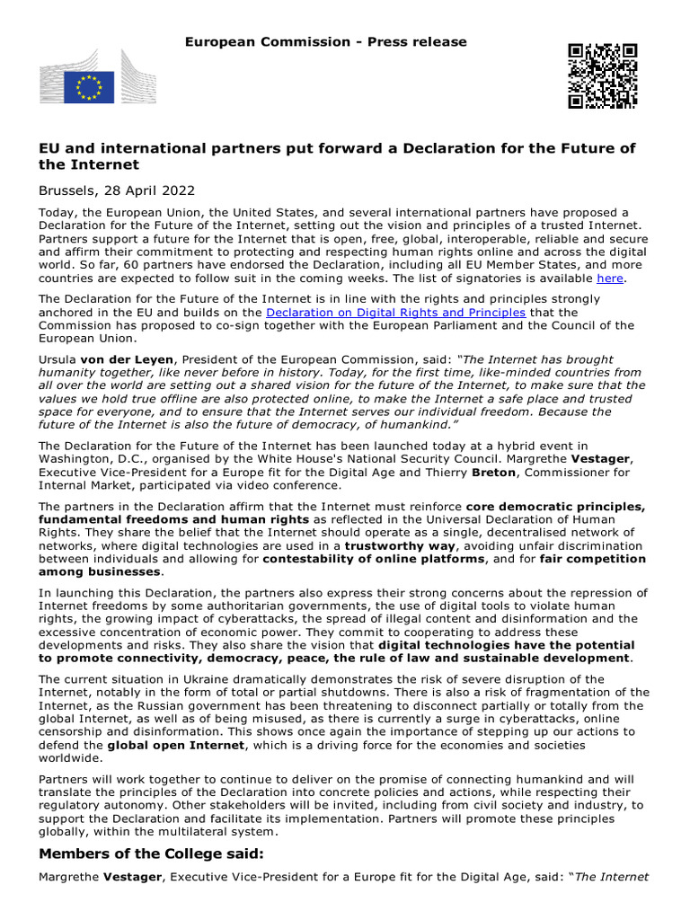 Declaration for the Future of Internet | PDF | European Commission ...