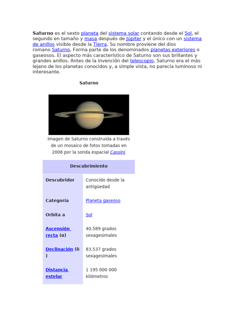 Características del Planeta Saturno | PDF | Saturno | Espacio exterior
