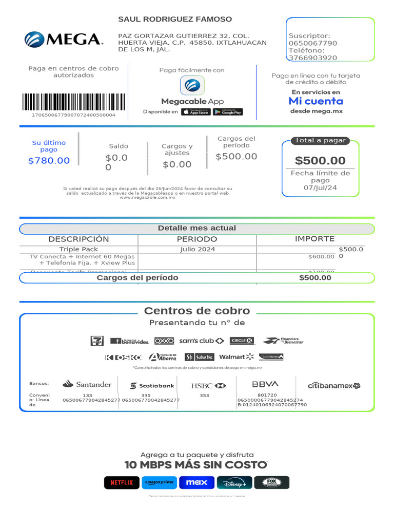 Recibo de Pago Megacable Julio 2024 | PDF | Televisión por cable