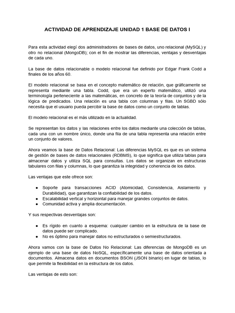 Actividad de Aprendizaje Unidad 1 Base de Datos I | PDF | Bases de datos | Base de datos relacional