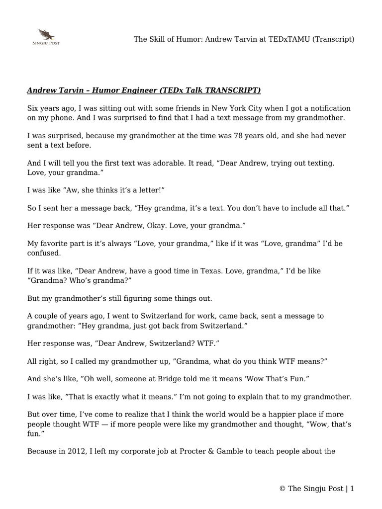 The Skill of Humor - Andrew Tarvin at TEDxTAMU Transcript | PDF | Humour