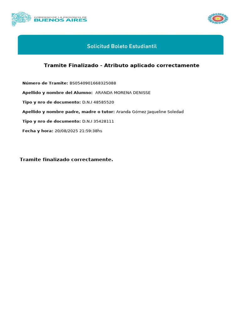 Finalización de Trámite BS0540901668325088 | PDF