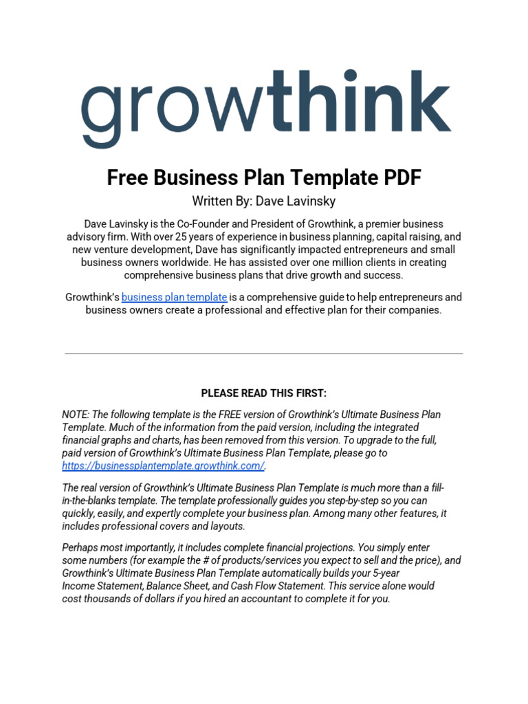 Free Version of Growthink Business Plan Template | PDF | Marketing | Business Economics