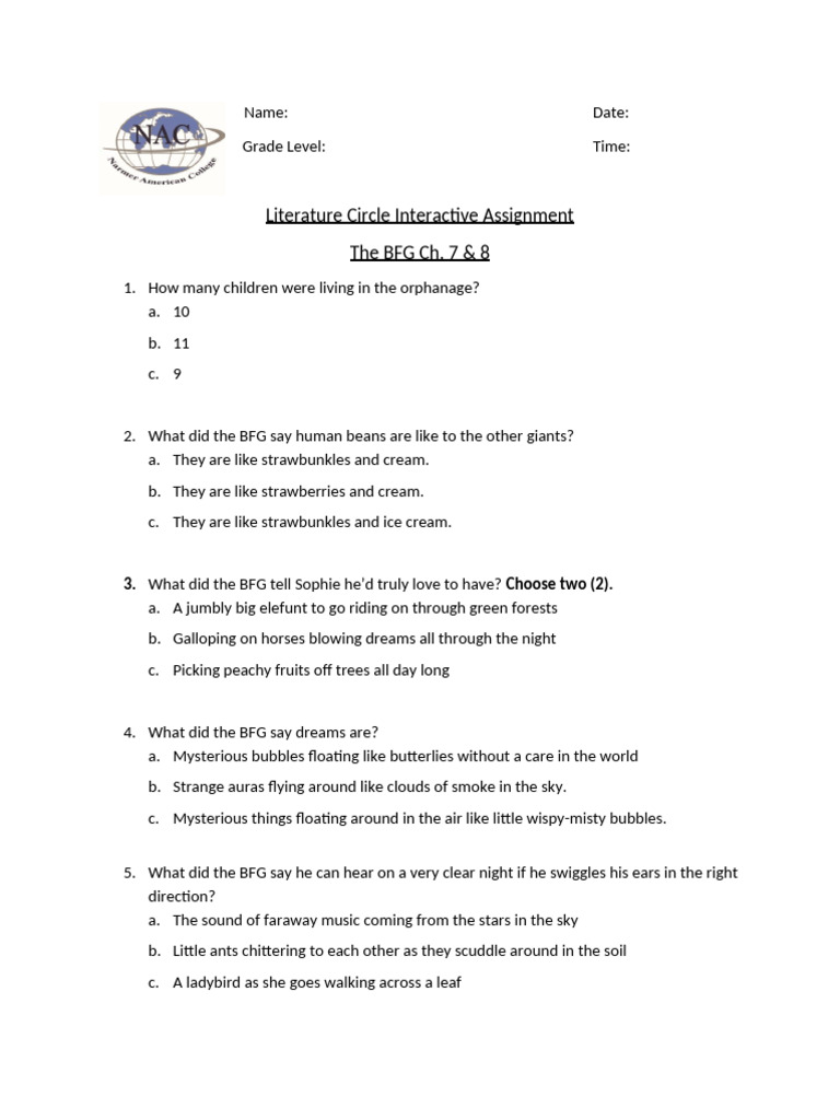 BFG Literature Circle Assignment | PDF