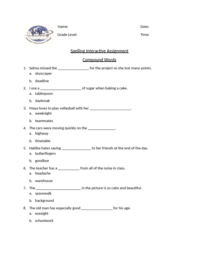 Spelling Interactive Assignment Compound Words | PDF