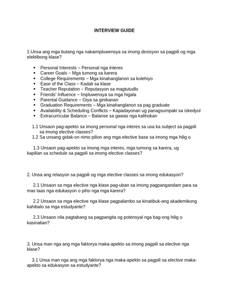 Interview Guide (Bisaya) | PDF