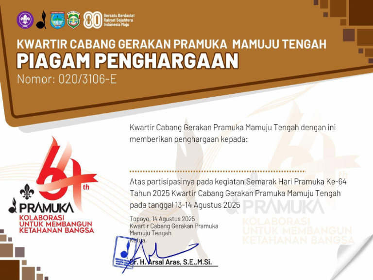 Piagam Penghargaan HUT Pramuka | PDF