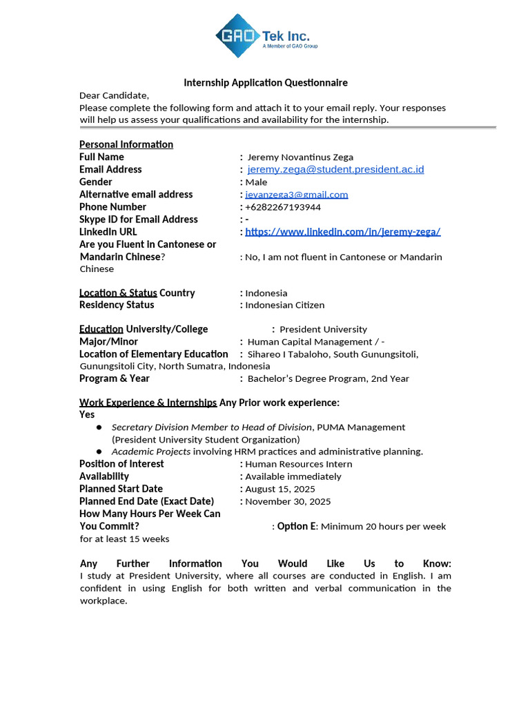 Internship Questionnaire - GAOTek Inc. - August 11, 2025 | PDF