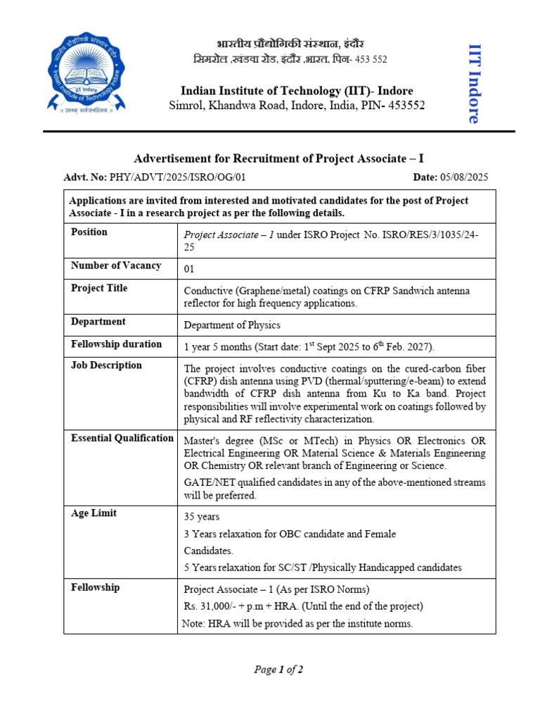 Project Associate Position ISRO Project - OG - IIT-Indore | PDF ...