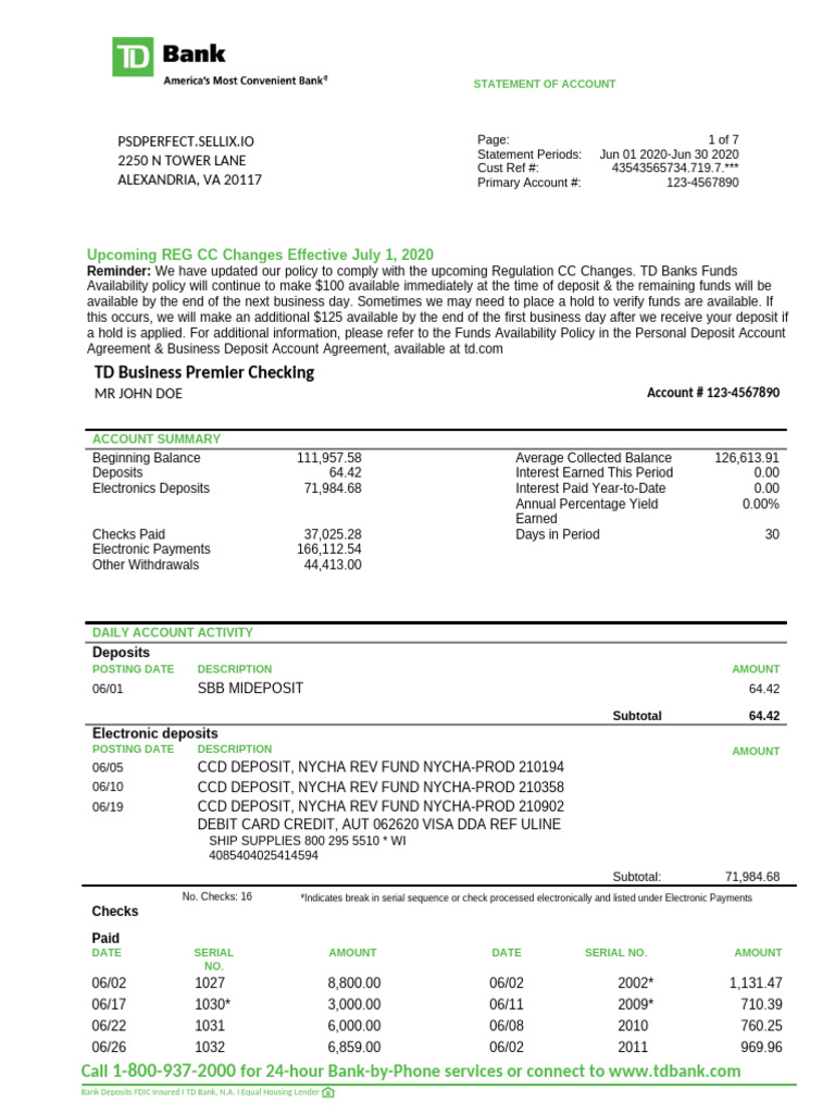TD Bank Account Statement Summary | PDF | Banks | Debit Card