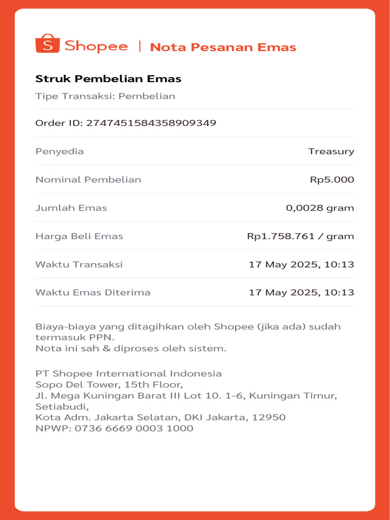 Nota Pembelian Emas Rp5.000 di Shopee | PDF