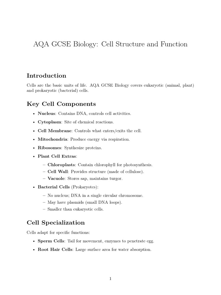 GCSE Cell Structure Overview | PDF