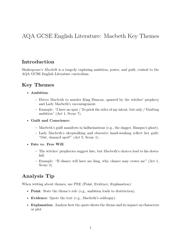 AQA GCSE English Literature Macbeth Key Themes | PDF