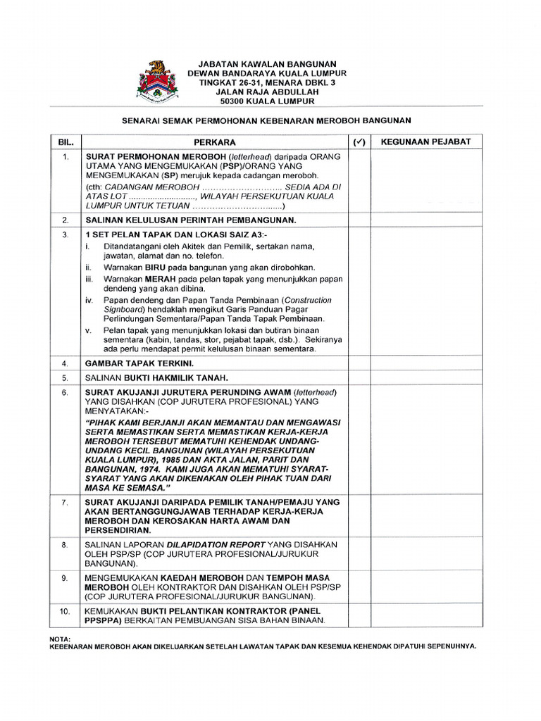 DBKL Permit Roboh Checklist | PDF