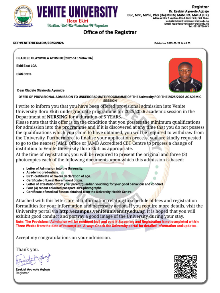 Admission Letter - Oladele Olayiwola Ayomide - Venite University Iloro ...