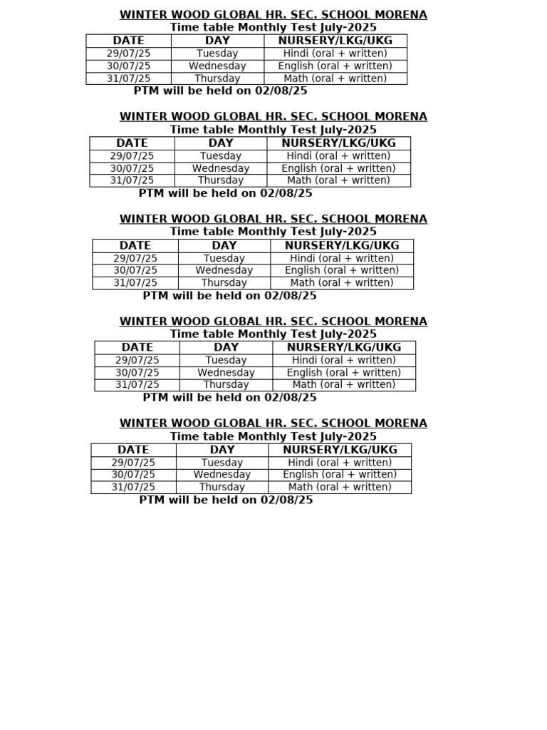 July Month Test Timetable | PDF