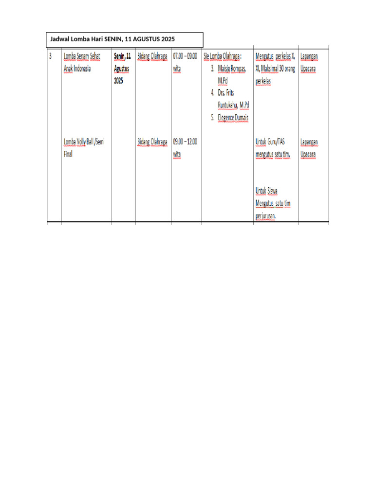 Jadwal Lomba Senin. 11 Agustus 2025 | PDF