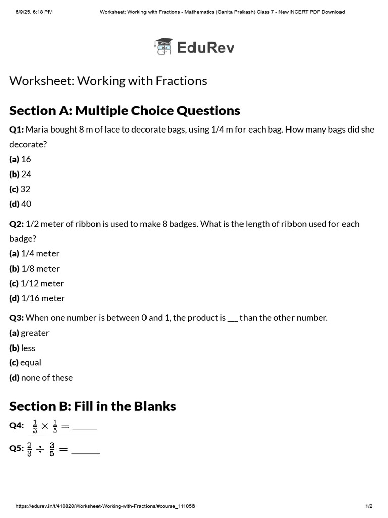 Class 7 Fractions Worksheet Solutions | PDF