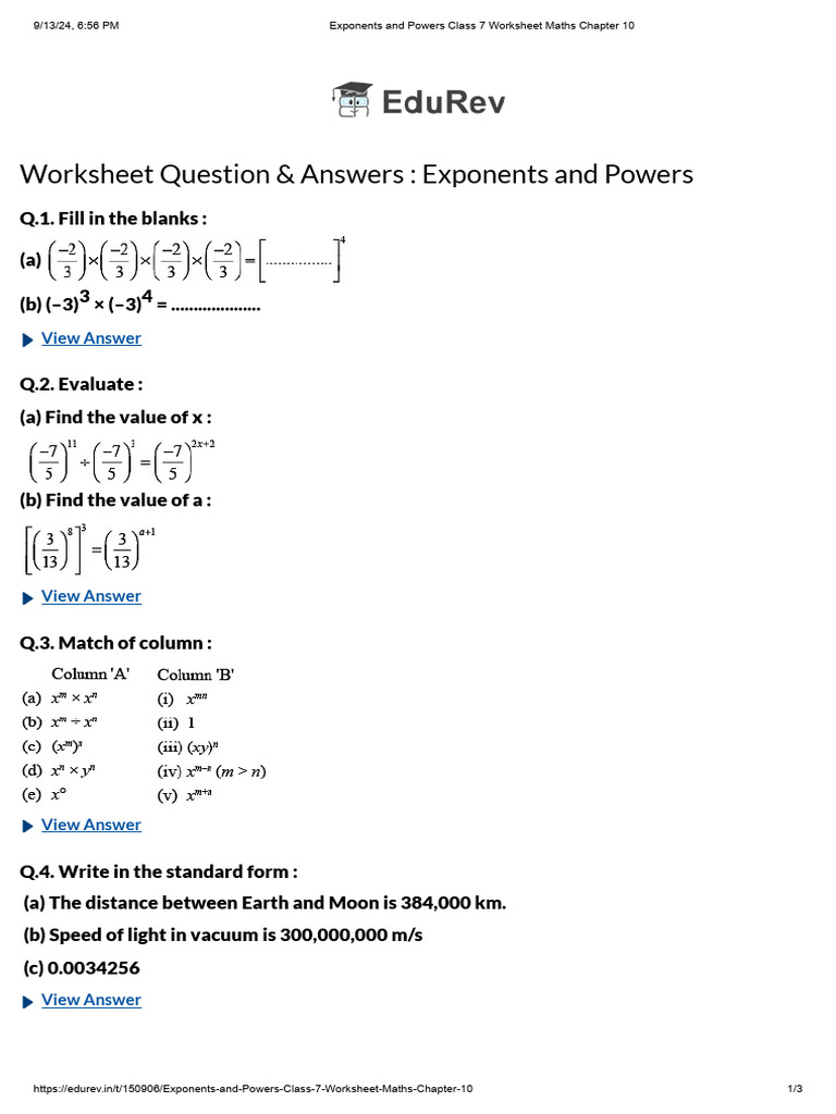 Class 7 Exponents and Powers Worksheet | PDF