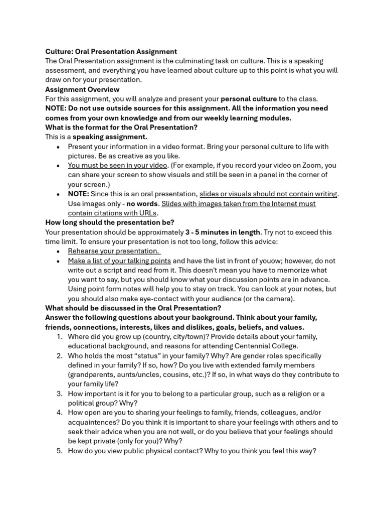 Personal Culture Oral Presentation Guide | PDF | Psychology ...