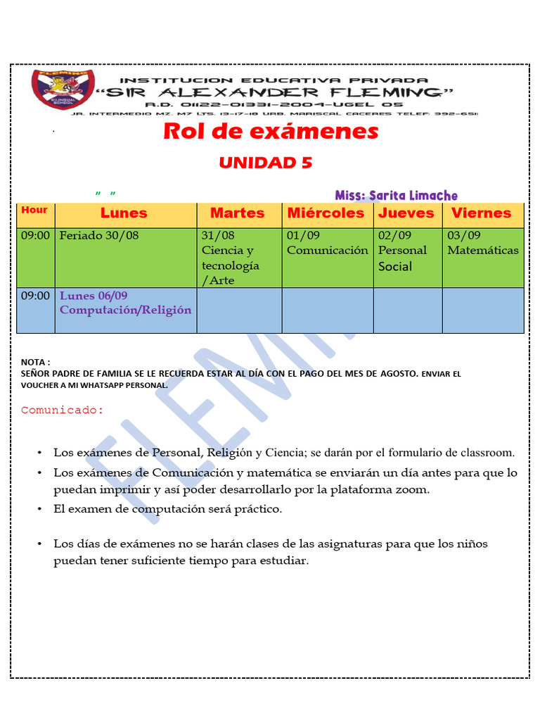 Rol de Examenes UNIDAD 5 | PDF