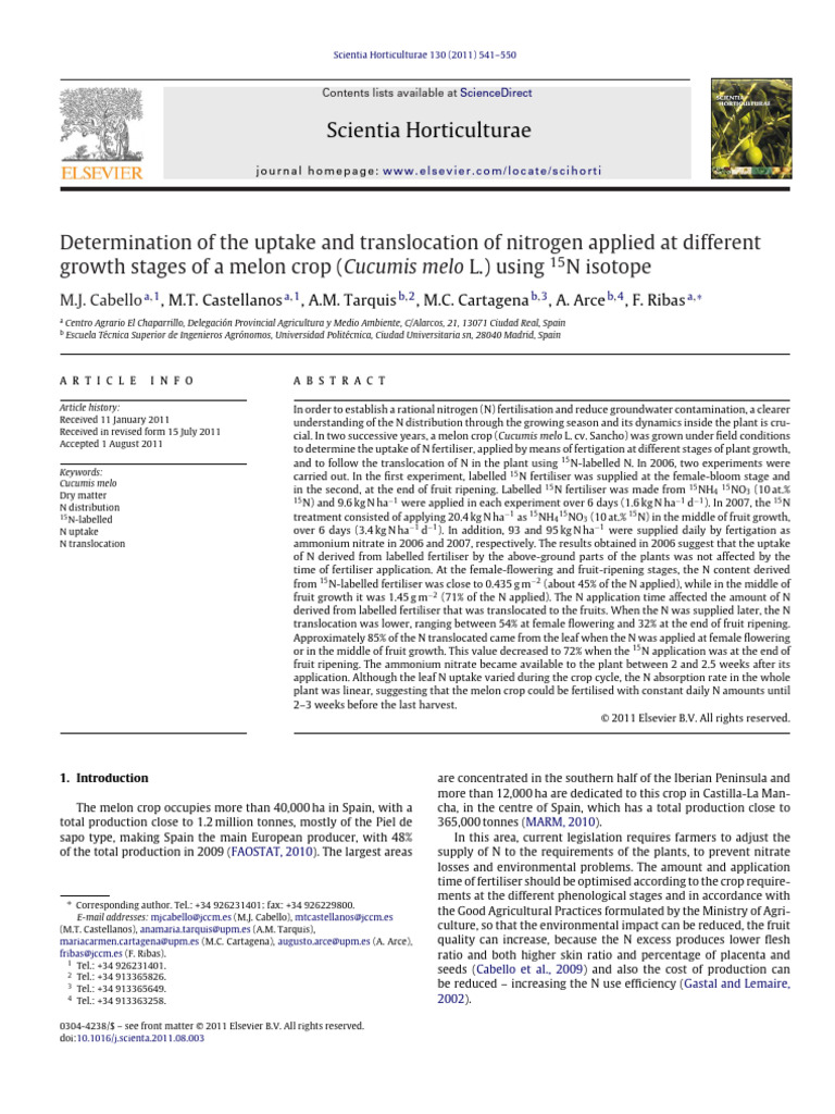 Nitrogen Uptake in Melon Crops Using 15N | PDF | Fertilizer | Soil