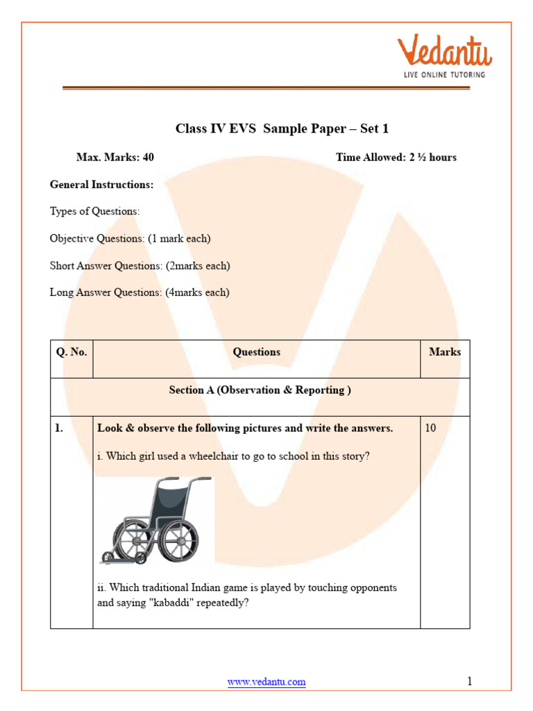 Class IV EVS Sample Paper Set 1 | PDF | Agriculture | Plants