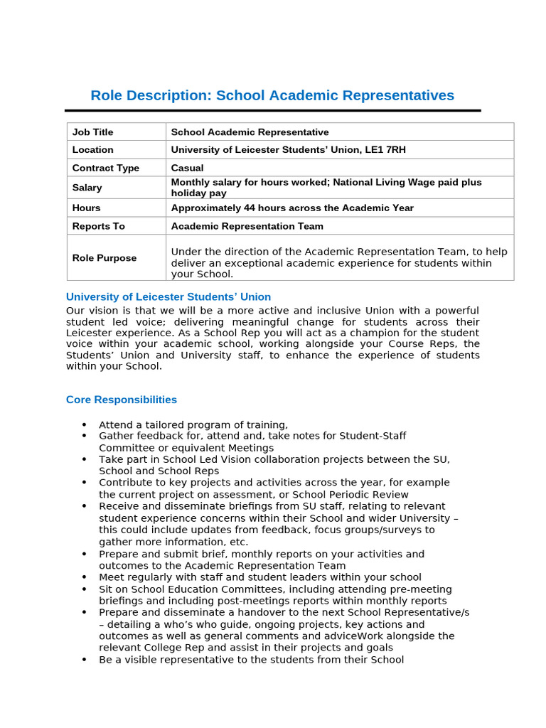 School Representative Role Description 25 | PDF | Skill | Salary