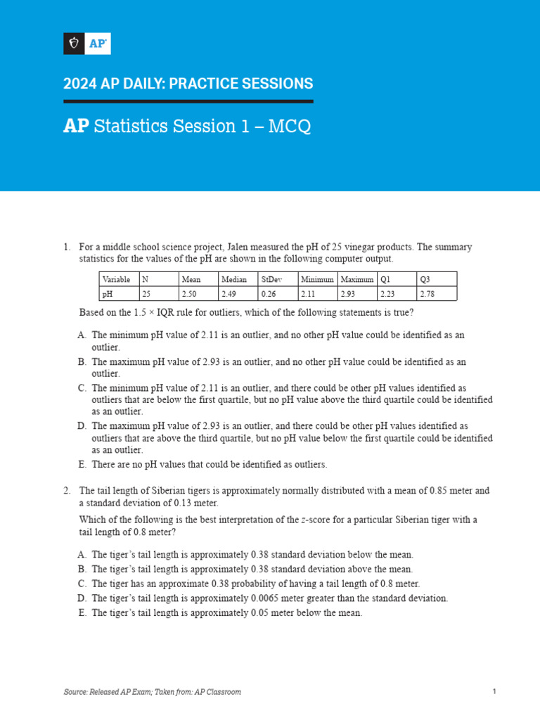 AP Statistics Session1 Worksheet | PDF | Quartile | Outlier