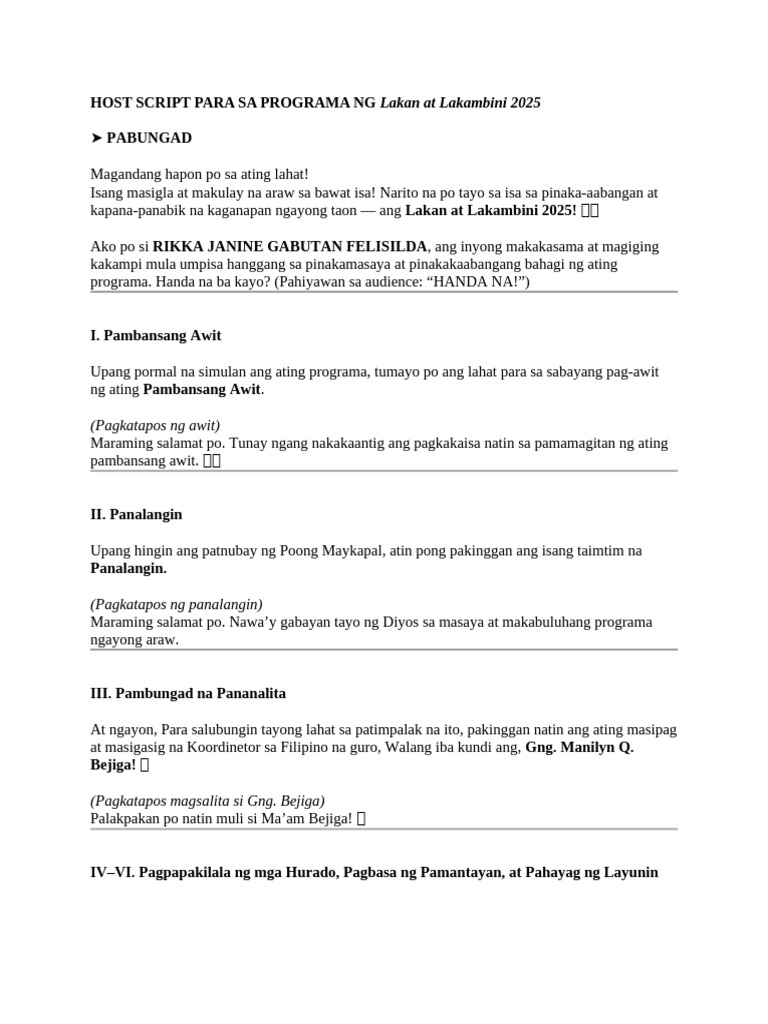 HOST SCRIPT PARA SA PROGRAMA NG Lakan at Lakambini 2025 | PDF