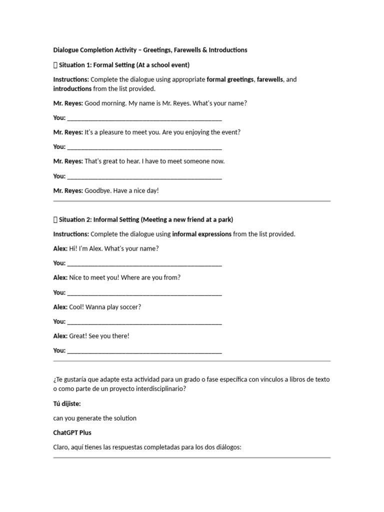 Dialogue Completion Activity-Worrkshett - Greetings and Farewells | PDF ...