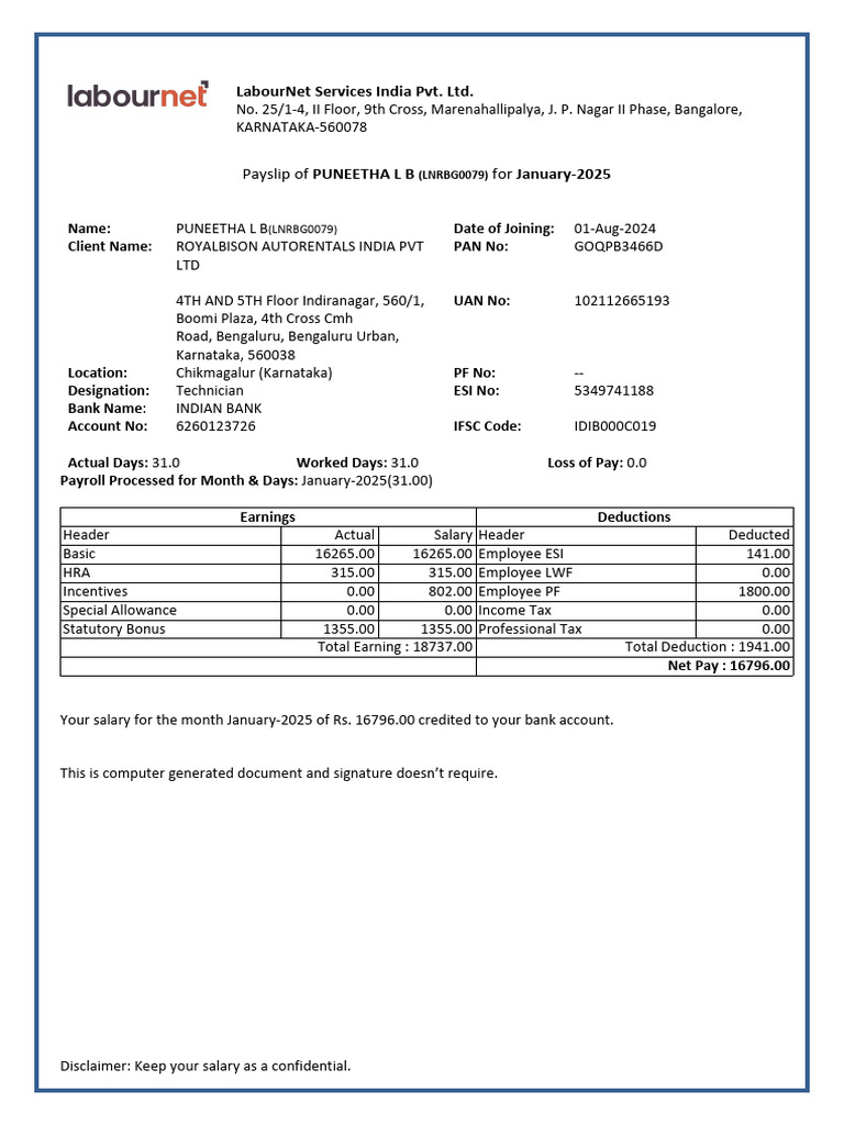 Payslip January-2025 PUNEETHA L B | PDF