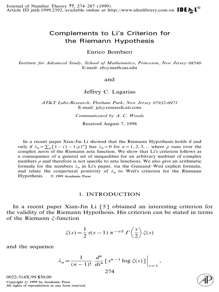 Complements To Lis Criterion For The Riemann Hypothesis (Enrico ...