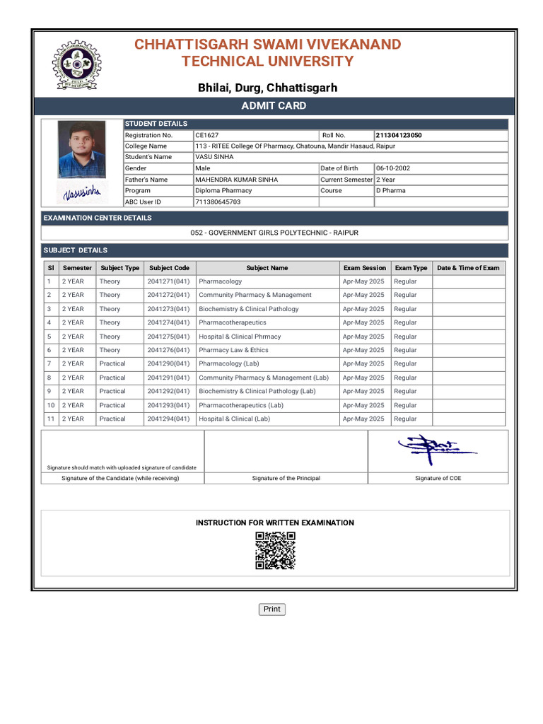 Student Admit Card Vasu | PDF | Educational Stages | Pharmacy