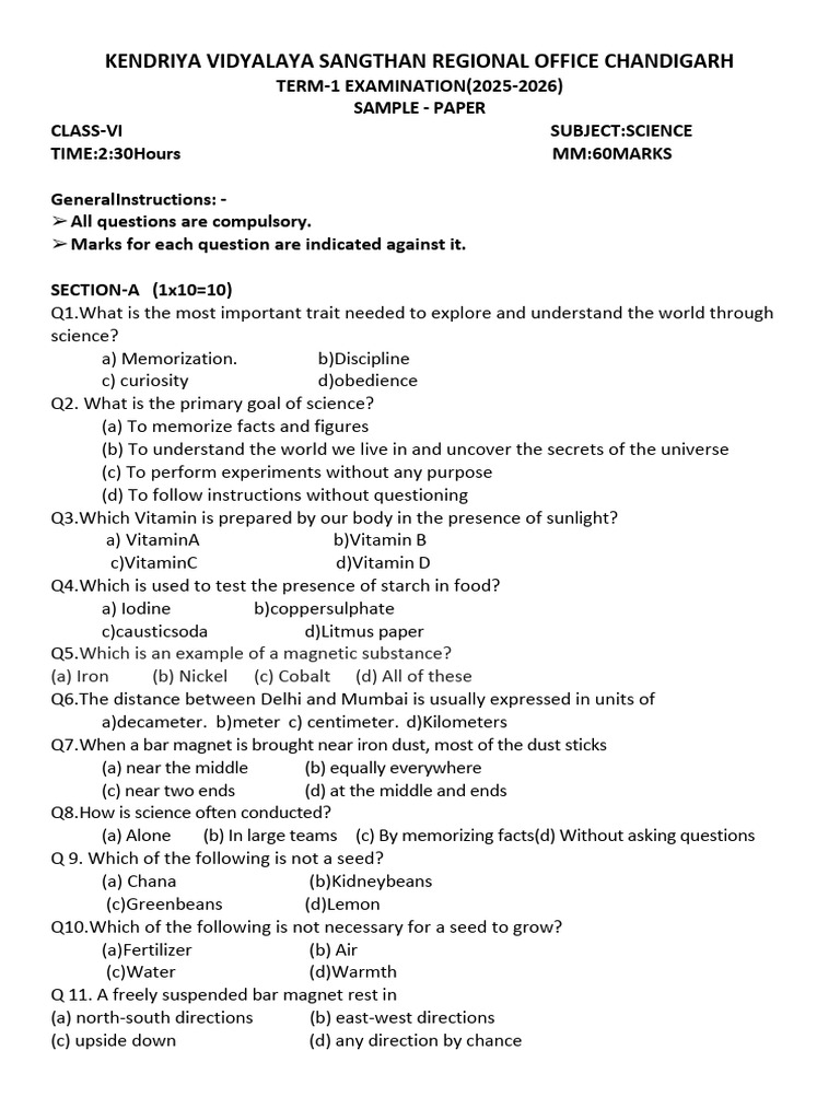 Class 6 Science Sample Paper 2025-26 | PDF | Foods | Vitamin