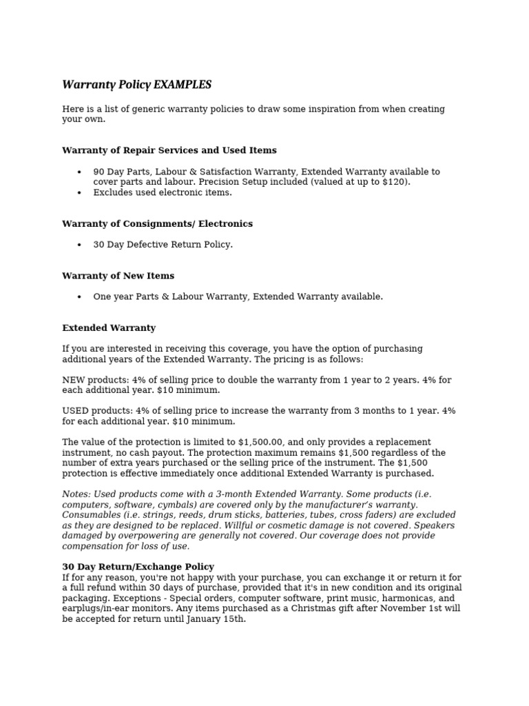 Warranty Policy Samples and Examples | PDF