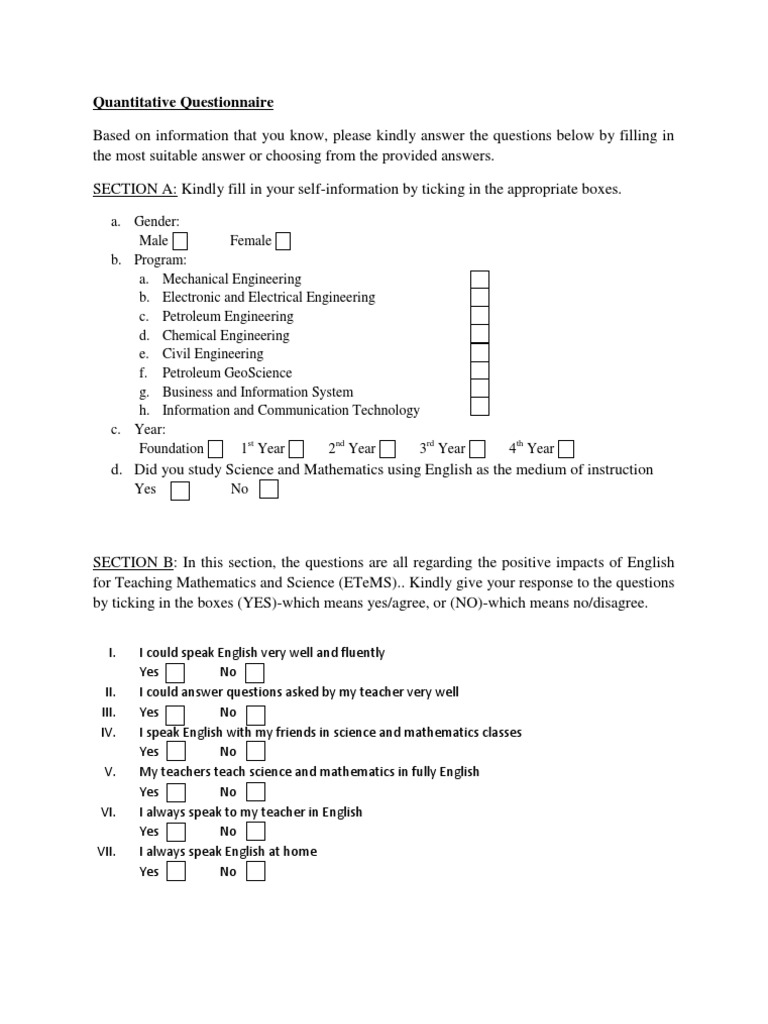 Quantitative Questionnaire | PDF | English Language | Science
