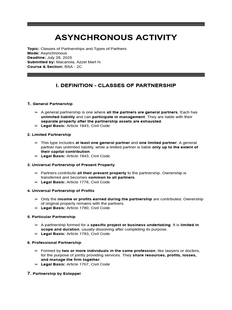 Classes and Types of Partnerships | PDF | Partnership | Limited Partnership