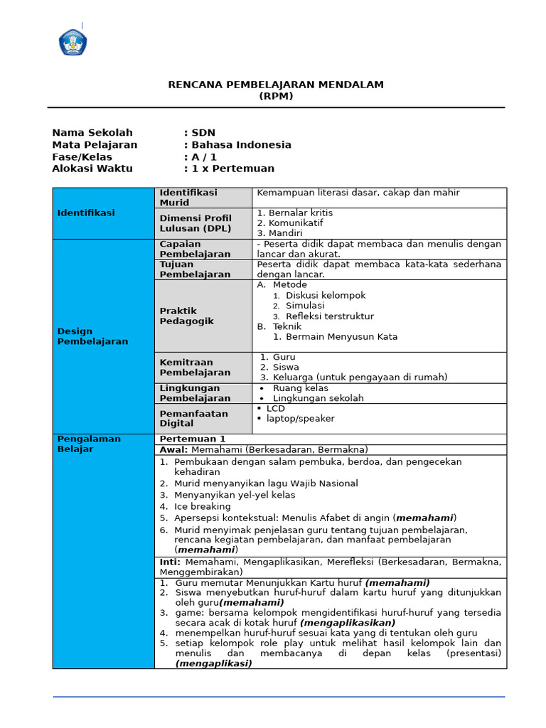 Contoh RPM Pembelajaran Bahasa Indonesia | PDF