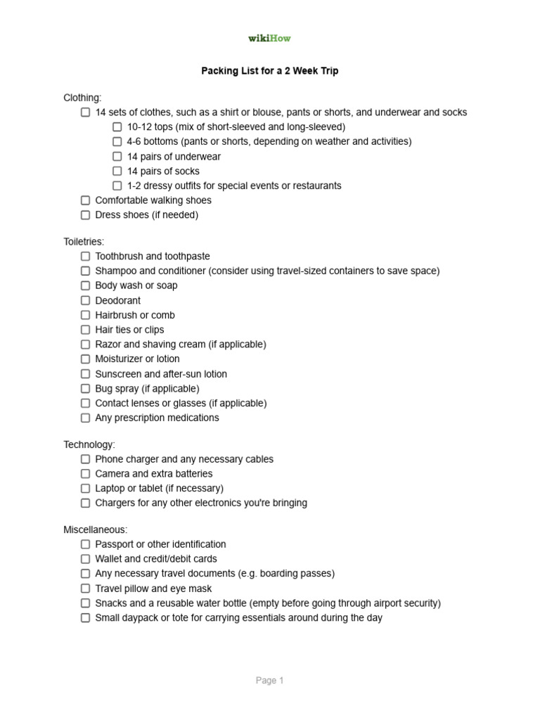 Packing List For A 2 Week Trip | PDF