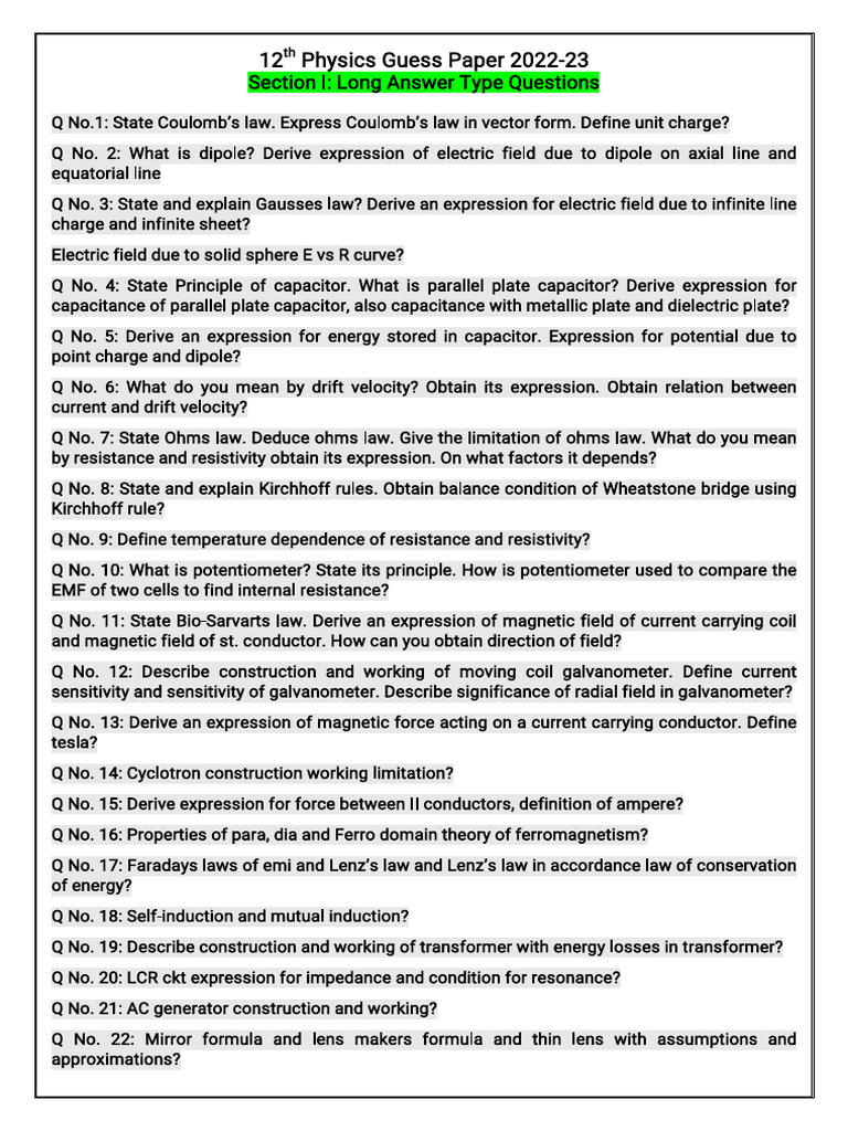 12th Physics Guess Paper 2022-23 | PDF | Capacitor | Capacitance