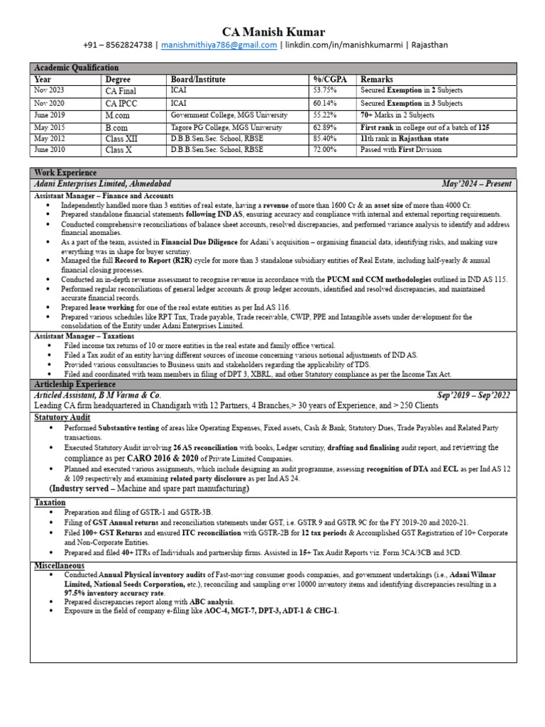Resume F&a CA Manish | PDF | Taxes | Audit