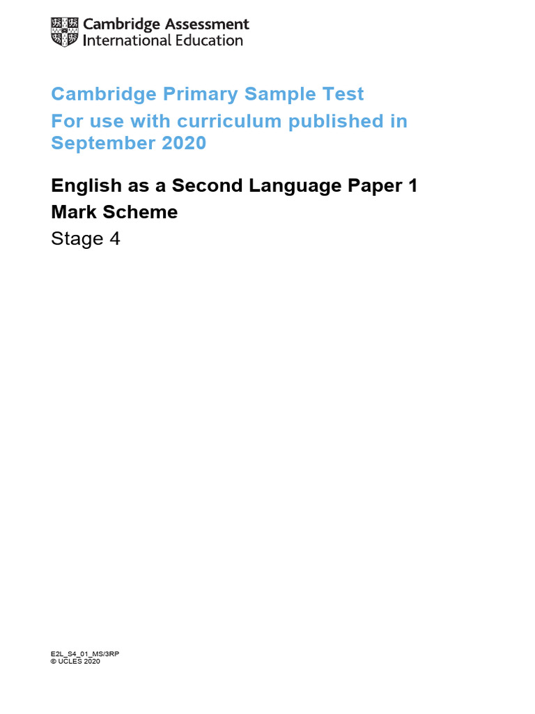 English As A Second Language Stage 4 Sample Paper 1 Mark Scheme ...
