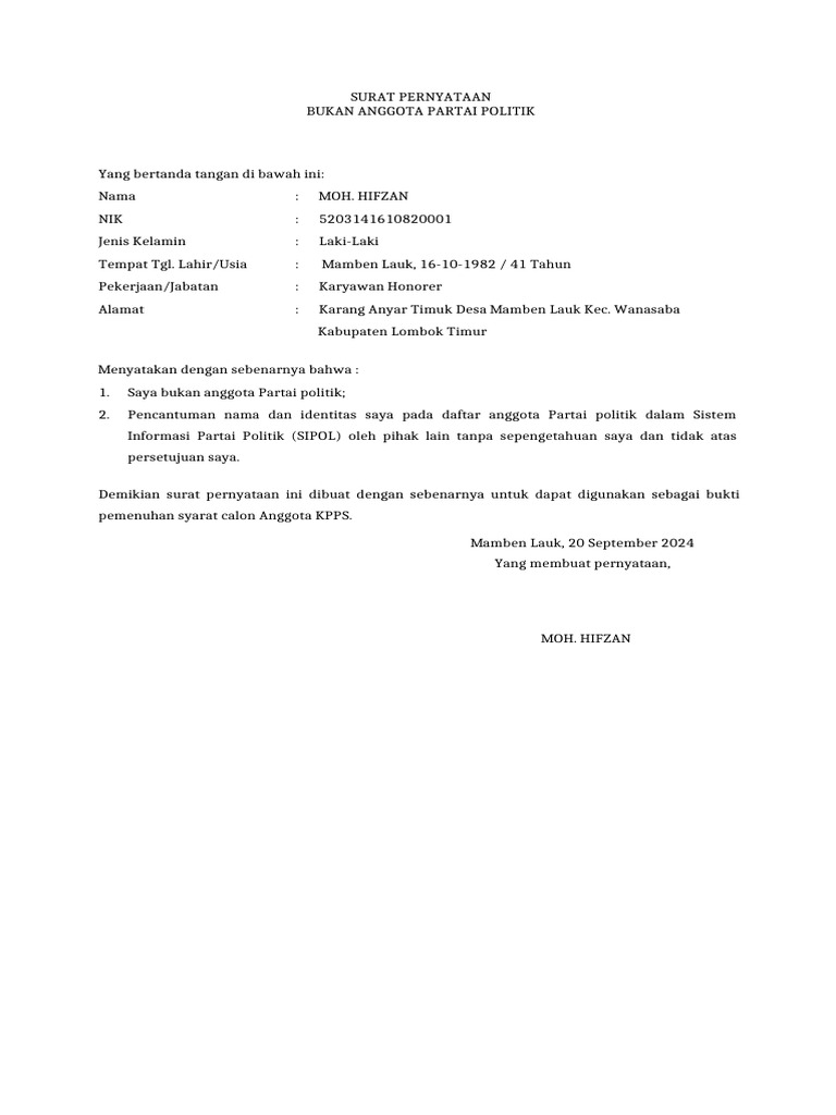 Surat Pernyataan Non-Anggota Partai | PDF